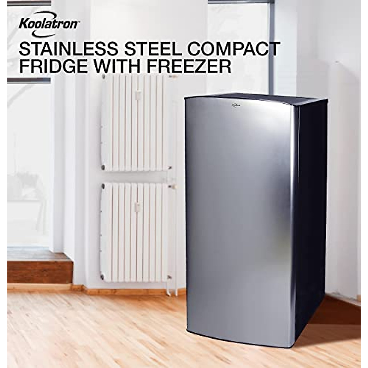 Koolatron Stainless Steel Compact Fridge with Freezer, 6.2 cu ft (176L), Silver/Black, Space-Saving Flat Back, 0.9 cu ft (25.5L) Freezer, Tempered Glass Shelves, Basement, Office, Cottage, Home Bar