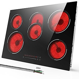Traenvir 30 Inch Electric Cooktop, 5 Burner 8400W Built-in Electric Stovetop, Ceramic Cooktop with Expanded Zone, Slide Touch Control, Timer, Child Safety Lock, Pause, 220V - 240V Hard Wire, No Plug