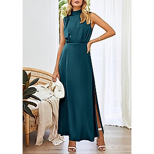 PRETTYGARDEN Women's Long Formal Satin Dress Mock Neck Sleeveless Side Slit Flowy Maxi Tank Dresses (Dark Blue,Medium)