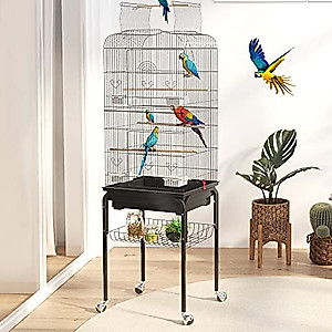 Jehiatek 59 Inch Bird Cage with Rolling Stand, Parakeets Cage with Open Top Roof, Tall Bird Cage Metal Bird Cage for Medium Small Cockatiel Canary Conure Finches, Black, Easy to Install