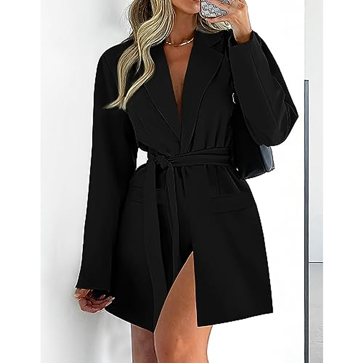 ZESICA Women's 2023 Blazers Long Sleeve Lapel Open Front Oversized Business Work Office Jackets Blazer with Belt,Black,Medium