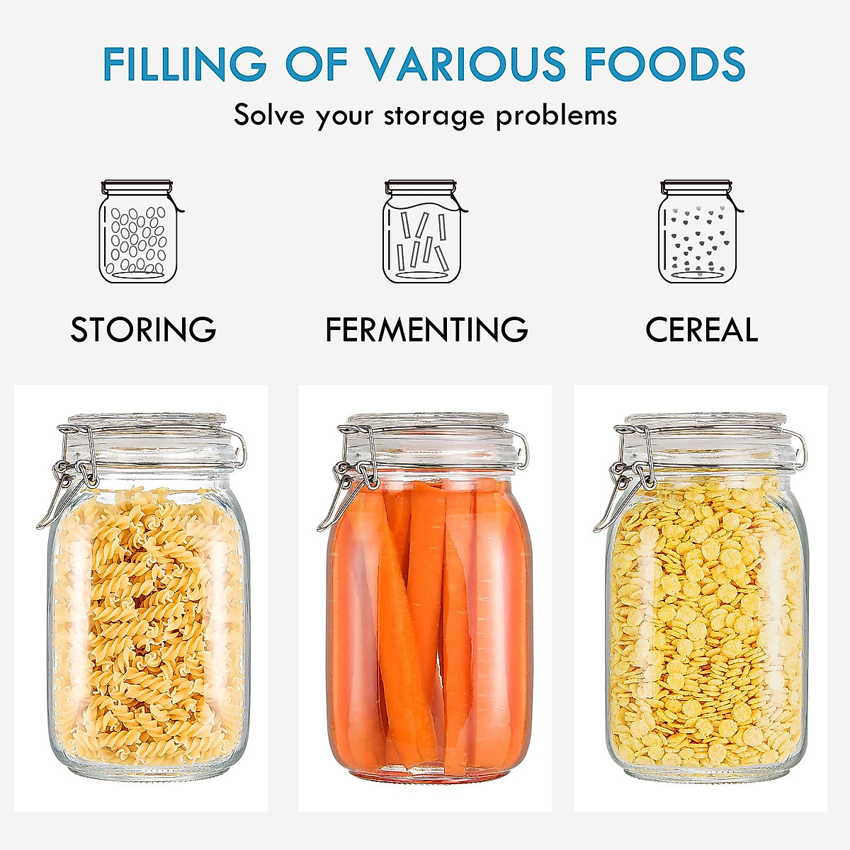 YEBODA 48oz Food Storage Canister Glass Jars with Clamp Airtight Lids and Silicone Gaskets for Multi-Purpose Kitchen Containers - Clear Square (2 Pack)