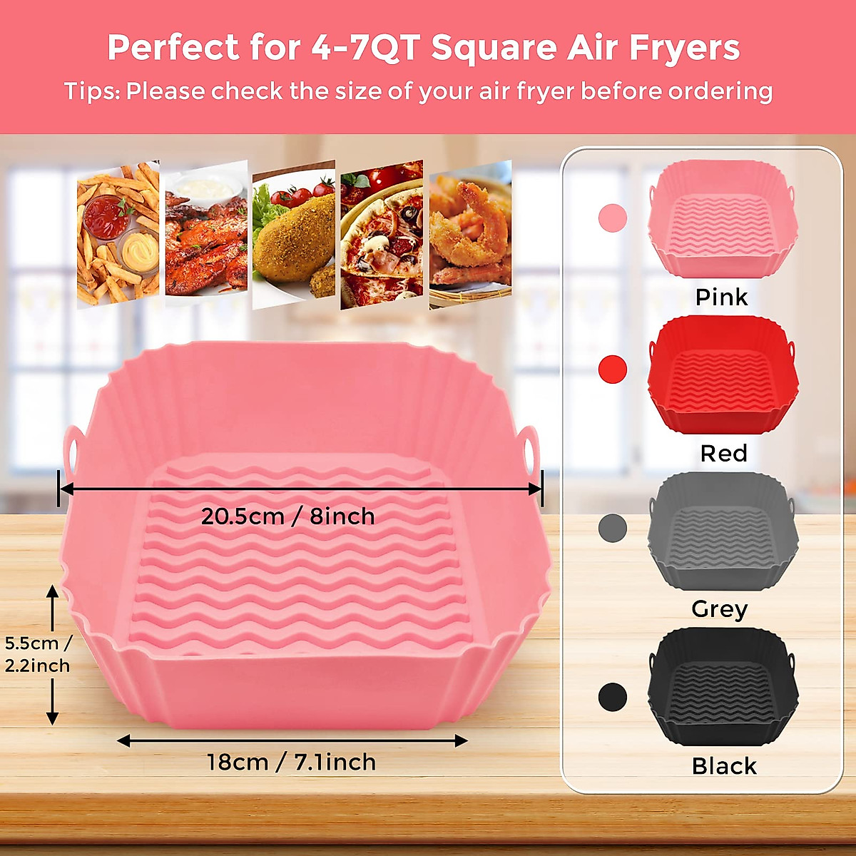 Square Air Fryer Silicone Pot, 8 Inch Reusable Heat Resistant Food Grade Silicone Air fryer Liners Inserts Baskets Bowl Accessories for COSORI Instant Vortex CHEFMAN 4 to 7 QT Air Fryer Oven Microwave