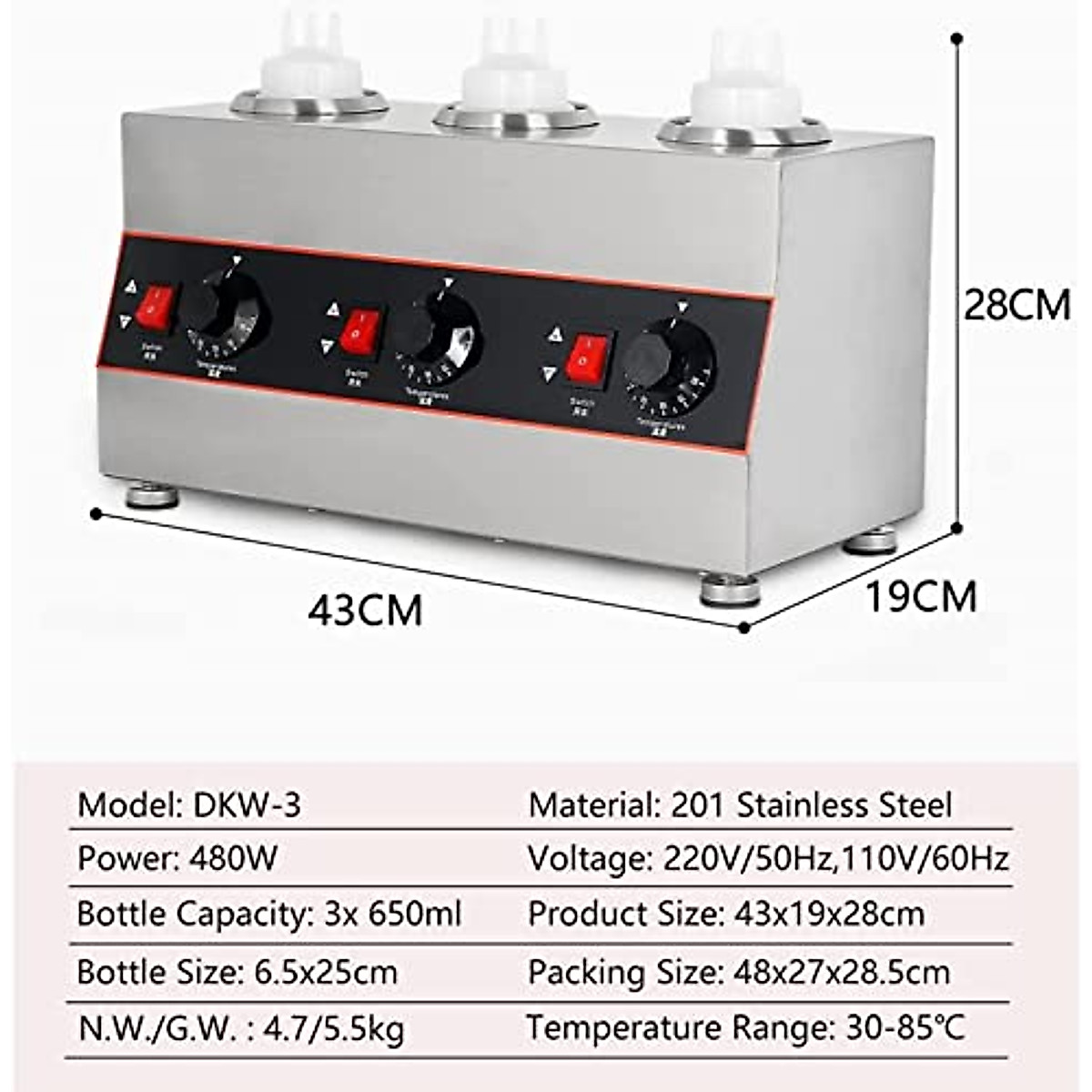 ANSNAL Commercial Electric Sauce Warmer 3 Pot, 480W Stainless Steel Countertop Sauce Dispenser, Adjustable Temperature from 30 to 85℃, Chili Hot Fudge Cheese Caramel Jam Sauce Warmer