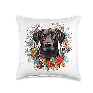 Cute Black Labs lovers xmas Watercolor shoppa Black Labs Labrador Retriever Dog Christmas Winter Flowers Throw Pillow, 16x16, Multicolor