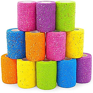 Self Adhesive Wrap, Glitter Cohesive Vet Tape for Pets (3x180 in, 12 Pack)