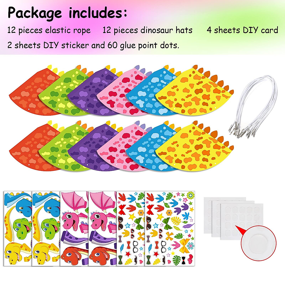 Outus 12 Pieces DIY Dinosaur Party Hats Birthday Party Cone Hats Craft Art Kit Make Your Own Dinosaur Paper Hats DIY Art Kit Home Project Group Activity Games for Boys Girls