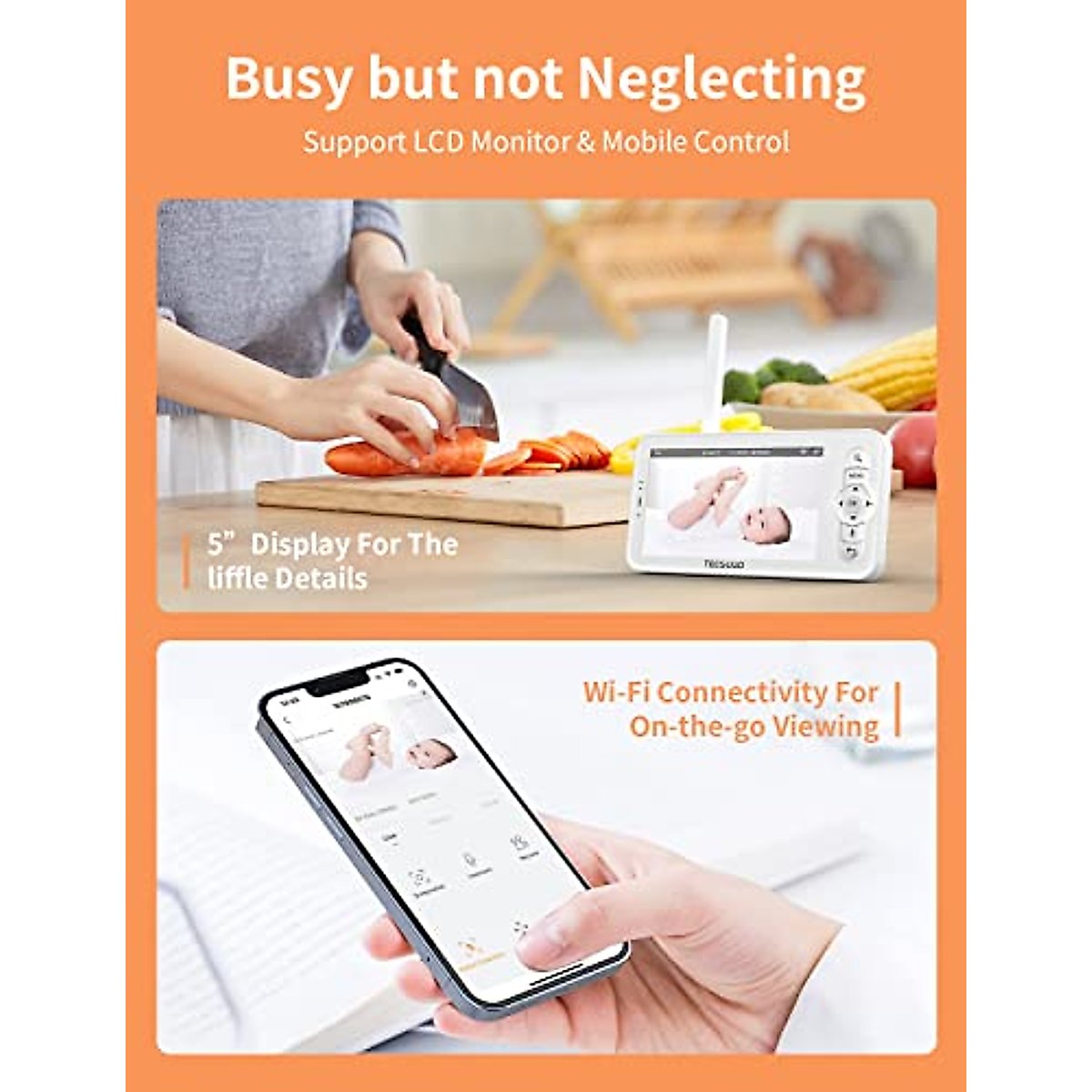 TECGUUD Video Baby Monitor with Camera and Audio, 5" Display, 2.4GH WiFi 1080P Camera, NightVision, Motion and Sound Notifications, Humidity, Room Temp,2-Way Talk， Support Phone App Control