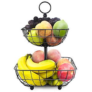 2 Tier Fruit Basket Bowls, Fruit and Vegetable storage for Kitchen Countertop Organizer, Stackable Wire Baskets and Fruit Basket Stand, Onion potato storage with Metal basket (Black, Large)