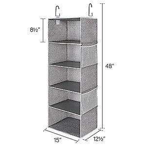 StorageWorks 5-Shelf Jumbo Hanging Storage Closet, Hanging Organizer for Closet Rod, Hanging Cloth Organizer Storage, Canvas, Gray, 13" D x 15" W x 47 ¾" H