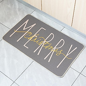 ONWAY Merry Christmas Doormat, Grey Gold Winter Seasonal Door Mat Christmas Holiday Low-Profile Floor Rug Switch Mat for Indoor Outdoor 17.5 x 29 Inch
