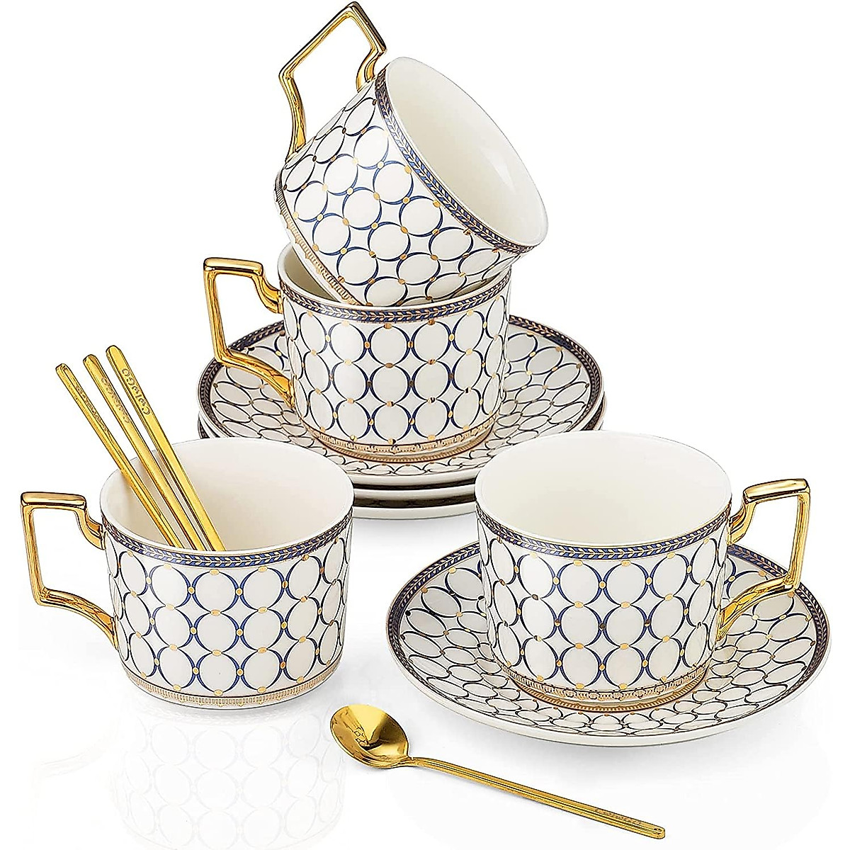 CwlwGO-European Style Ceramic Coffe Cup and Saucer Sets, 7 Oz Bone China Beautifully Glazed Blue Gold Tea Cup Set, Golden Spoon,Cappuccino, Latte, Suitable For Women's Gifts (4 pack).……