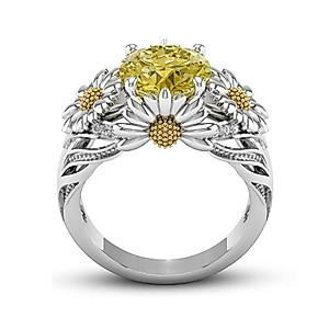 Jewels Store 2.5 Ct Round Cut Citrine Yellow Diamond Sunflower Design Engagement Ring in 925 Sterling Silver White Gold Finish (Silver, 5)