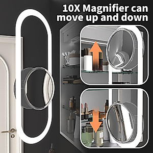 ExBrite 30 x 32 Lighted Medicine Cabinet with Mirror, Front&Backlit led Medicine Cabinet,Clock Temp Display,Defog,10x Magnifier,3 Colors Temper Dimmable,Surface or Recessed Mount,Door Wide Open