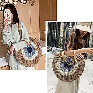 JBR Large Round Straw Bag Woven Shoulder Bag Tote Crossbody Bags Women Handwoven Handbags (Blue Eyes)