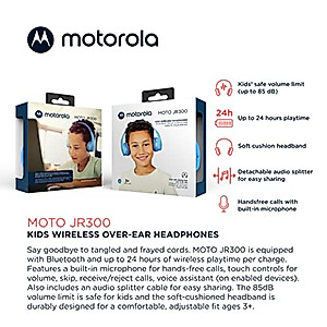 Motorola Moto JR300 Kids Bluetooth Headphones with Microphone - Lightweight Over Ear Wireless Headphones, Safe Volume Limit 85dB, Audio Splitter for Sharing - Ideal for School, Travel, Gaming - Blue