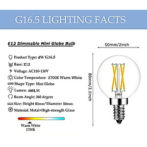 Dimmable E12 Candelabra LED Edison Bulbs, 4W Equal to 40 Watt G16.5 Mini Globe Light Bulbs, 2700K Warm White, E12 Mini Globe Bulb for Chandeliers, Ceiling Fan, Pendant 5-Pack