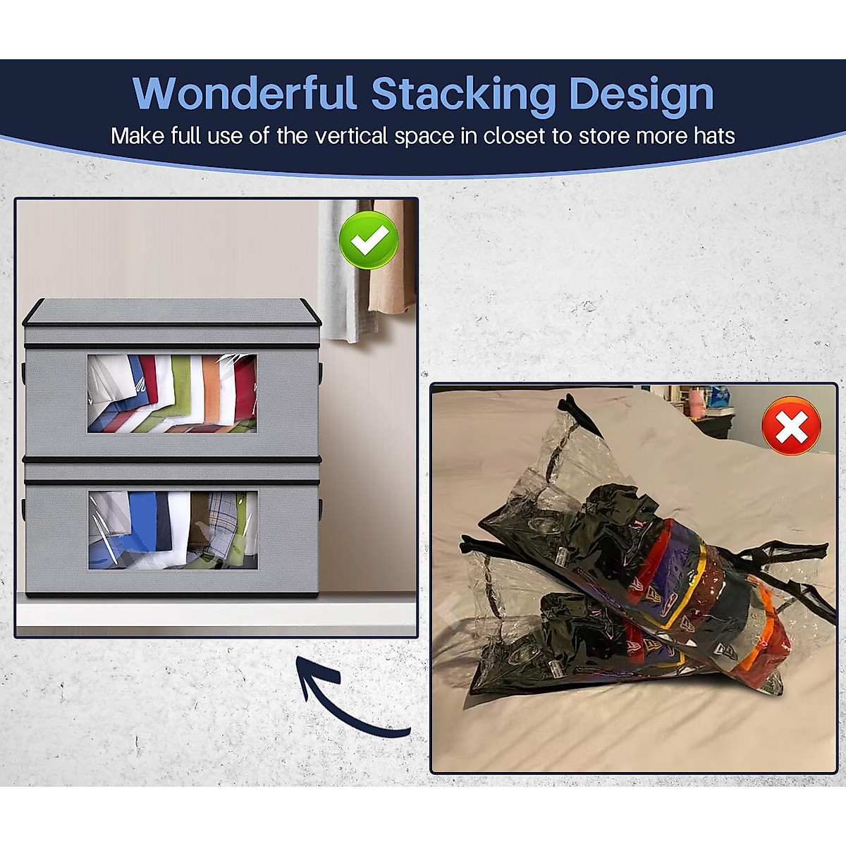 SLEEPING LAMB Stackable Hat Organzier for Baseball Caps, 2 PCS Hat Storage Boxes for Closet Hold 30 Caps with Cardboard, Grey