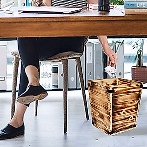Owlgift Decorative Rustic Burnt Wood Trash Can, Farmhouse Stylish Wooden Waste Basket Near Desk, Square Garbage Cans Trashcan with Metal Brackets for Office, Bedroom & Bathroom