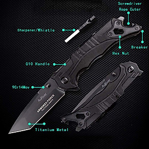 Folding Pocket Knife, G10 Handle Multifunction Rescue Folding Knife, with Glass Breaker, Bottle Opener and Simple whistle for Outdoor Survival (Black) (Black)