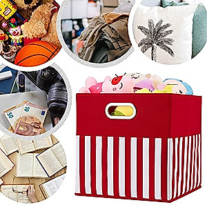 HSDT Fabric Storage Cube Bins 13x13x13 Inch Foldable Boxes Red Cloth Basket with White Strip Pattern for Shelves or Closet Organzier ,QY-SC34-3