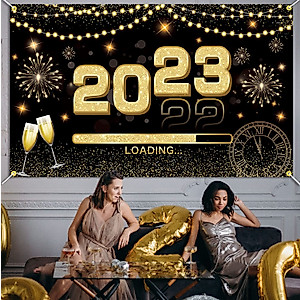 JKQ 2023 Happy New Year Backdrop Banner 71 x 43 Inch Large Size New Year Background Banner 2023 Loading New Year Holiday Party Decorations Black Gold 2023 New Years Eve Party Photo Booth Props
