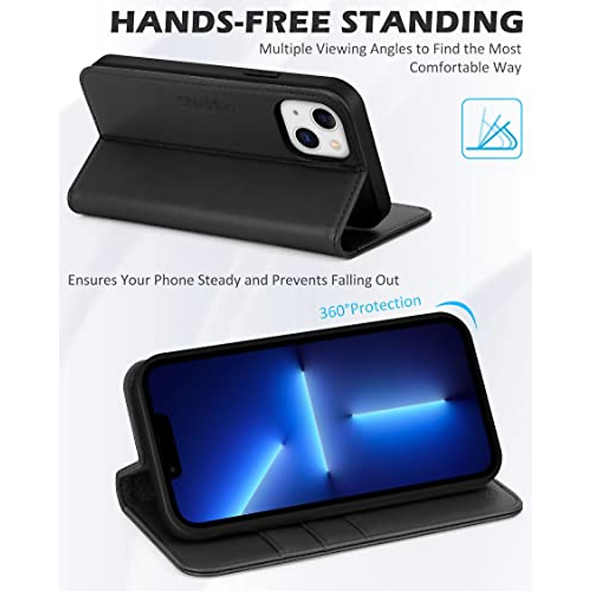 SHIELDON Case for iPhone 13 Wallet Case, Genuine Leather Case with Kickstand RFID Blocking Credit Card Holder Shockproof Full Protection Magnetic Case Compatible with iPhone 13 5G 6.1" 2021 - Black