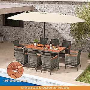 HAPPYGRILL 9 Pieces Outdoor Dining Set, Acacia Wood and Rattan Furniture Set with 1 Large Rectangular Table and 8 Chairs with Cushions, Patio Wicker Dining Table and Chairs Set