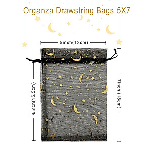 Jexila 100PCS Black Organza Bags 5''X7'' Moon Star Pattern Mesh Jewelry Gift Bags with Drawstring for Wedding Party Favor Small Candy Bags