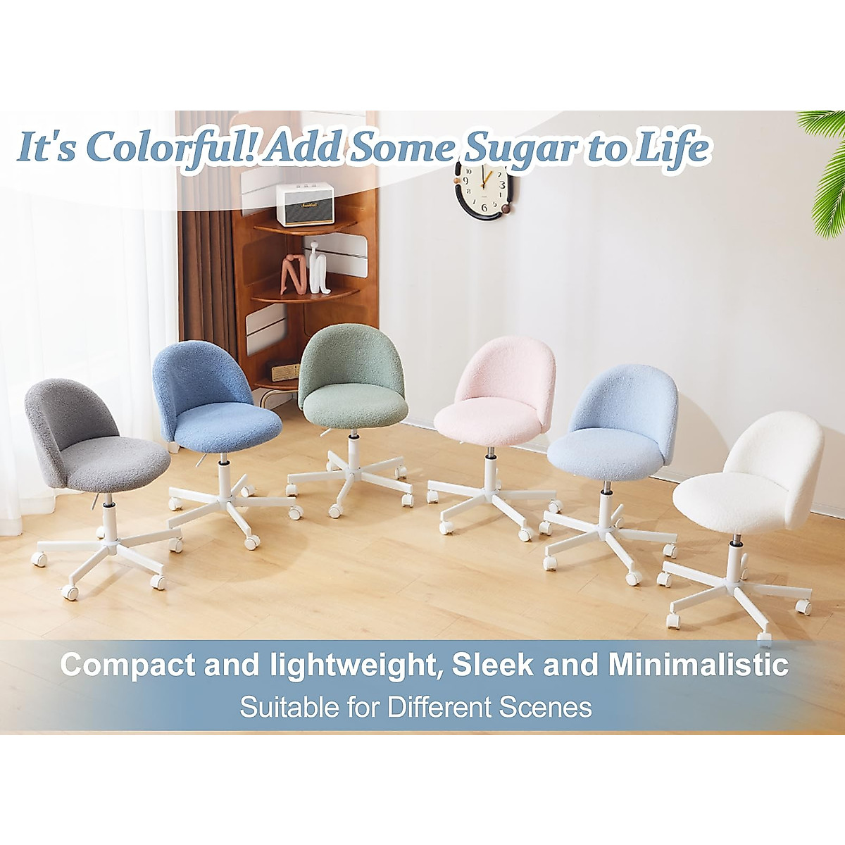 VINGLI Candy Chair Armless Cute Desk Chair,Comfy Small Office Chair with Wheels,Vanity Chair with Lumbar Support,Teddy Adjustable Rolling Swivel Computer Task Chair for Home Office,Bedroom,White