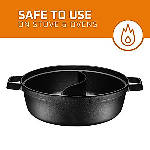 Bruntmor Pre-Seasoned 2-In-1 Cast Iron Big Pot With Lightweight Wooden Lid. Non-Stick Round Skillet Wok. Round Bottom Wok Pan With Lid For Shabu Shabu Hot Pot. 5 Quart, Black