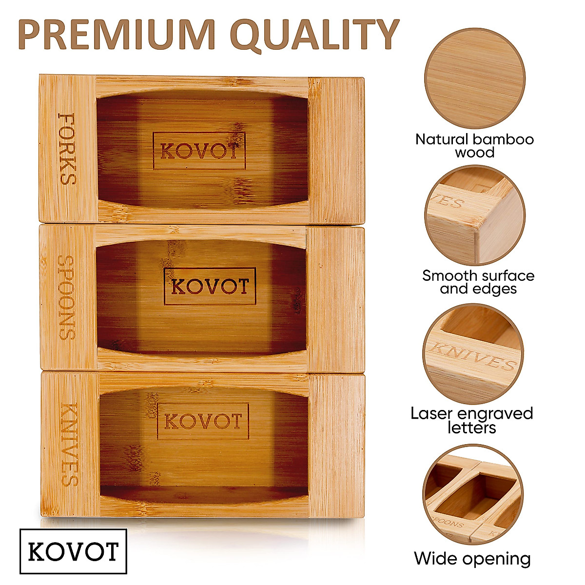 KOVOT Bamboo Utensils Organizer – Bamboo Wood Flatware Caddy – Cutlery Holder with 3 Separate Compartments – Forks, Spoons, Knives – Bamboo Organizing Box for Kitchen Counter, Drawers, Table