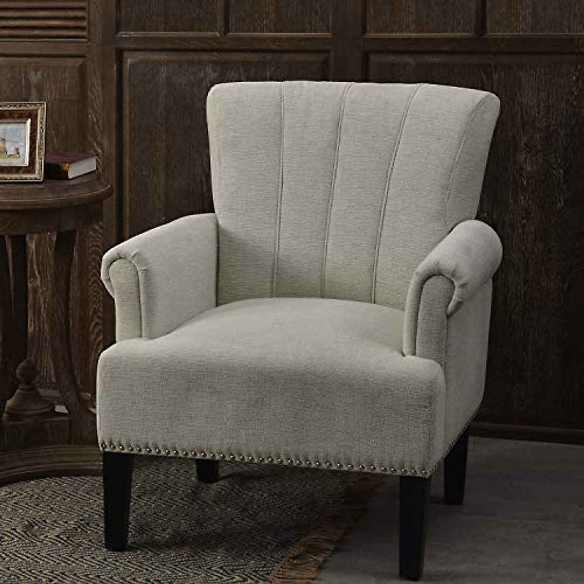 SSLine Upholstered Polyester Accent Chair,Mid Century Tufted Wingback Arm Chair with Roll Armrest and Wooden Legs,Comfy Single Sofa Club Chair for Living Room Bedroom Office Studio (Cream)