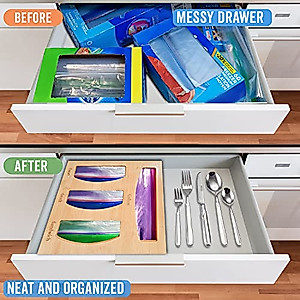 Dharmagic Kitchen Organization and Storage for Drawer Wood Kitchen Food Baggie Dispenser Box Plastic Bag Holder Compatible with Gallon, Quart, Sandwich & Snack Bags from Most Brands Ziplock