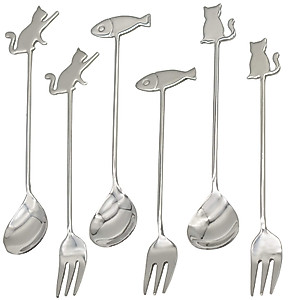 Maydahui 6PCS Cat Fish Spoon and Fork Cute Coffee Animal Spork 5.8 inch 18/10（304）Stainless Steel Teaspoon Dessert Drink Sugar Spoons Fruit Forks Tableware