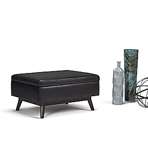 SIMPLIHOME Owen 34 Inch Wide Mid Century Modern Rectangle Coffee Table Lift Top Storage Ottoman in Upholstered Distressed Black Faux Leather, For the Living Room
