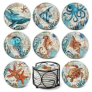 Teivio Absorbing Stone Sea Ocean Life Coasters for Drinks, Cork Base with Holder,Coastal Decor Beach Theme Tropical,for Housewarming Apartment Kitchen Bar Decor, For Wooden Table Coffee table,Set of 8