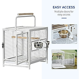 PawHut 19" Travel Bird Cage Parrot Carrier with Handle Wooden Perch for Cockatiels, Conures, White