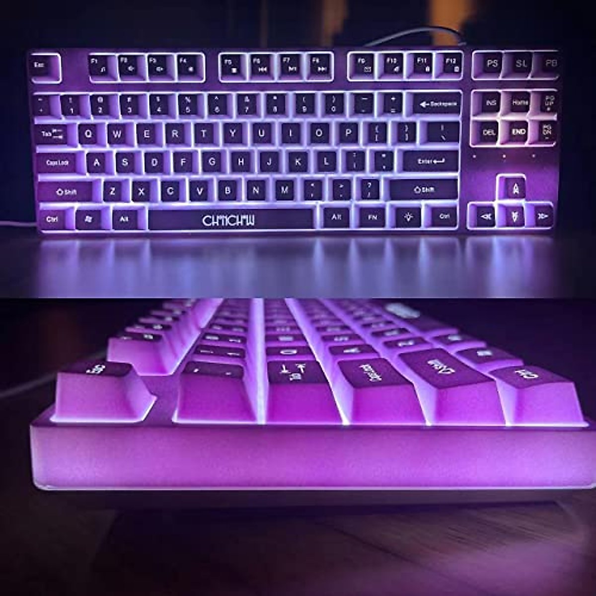 Gaming Keyboard and Mouse Purple Keyboard with White Backlit,CHONCNHOW 87keys LED Keyboard and Mic 3600DPI Wired 19-Keys No Conflict for Windows/Mac/Games（PurpleI，lluminated Key）
