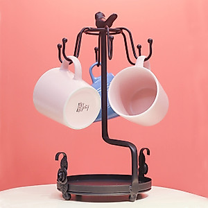 LWXPAIYY Coffee Mug Tree Holder,Tea Cup Storage Rack with Small Storage Area for Counter,Mug Holders Countertop for 6 TeaCups,Metal Coffee Mug Tree Stand Rack with 6 Hooks (Black)