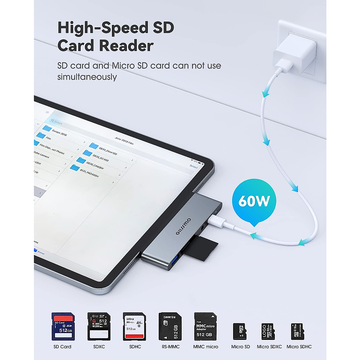 iPad Pro USB C HUB, 6-in-1 iPad Adapter (Attach Magnetically) with 60W Power Delivery, 4K HDMI, Audio, USB 3.0, SD and MicroSD Slots, for iPad Pro 2021 2020 11 12.9/iPad Air 5/iPad Mini 6 Accessories