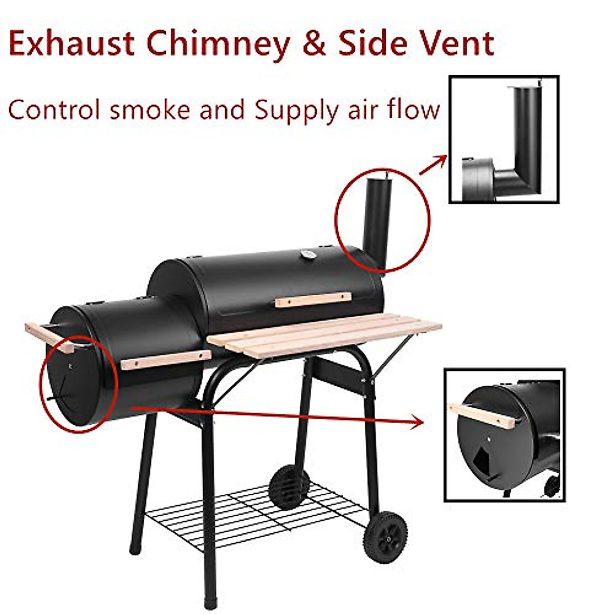 44 Inch Charcoal Grill and Offset Smoker, Portable Backyard Steel BBQ Oven with Wheels, Outdoor Patio Barbecue Cooker with Side Fire Box for Camping, Picnic, Party