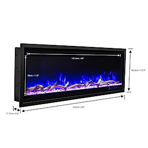 Kennedy II 60 Inch WiFi-Enabled Electric Fireplace, Wall Mount and Insert, Slim Modern Electric Fireplace Insert, Multicolor Realistic Flame, Touch Screen, Remote Control, Logs and Crystals, Black