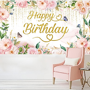 SMENGGIL Florals Happy Birthday Banner Backdrop Flowers Plants Butterfly Photography Background Hanging Pink Gold Green Birthday Party Decoration Supplies for Girls Womens Birthday Decor 72.8*43.3in