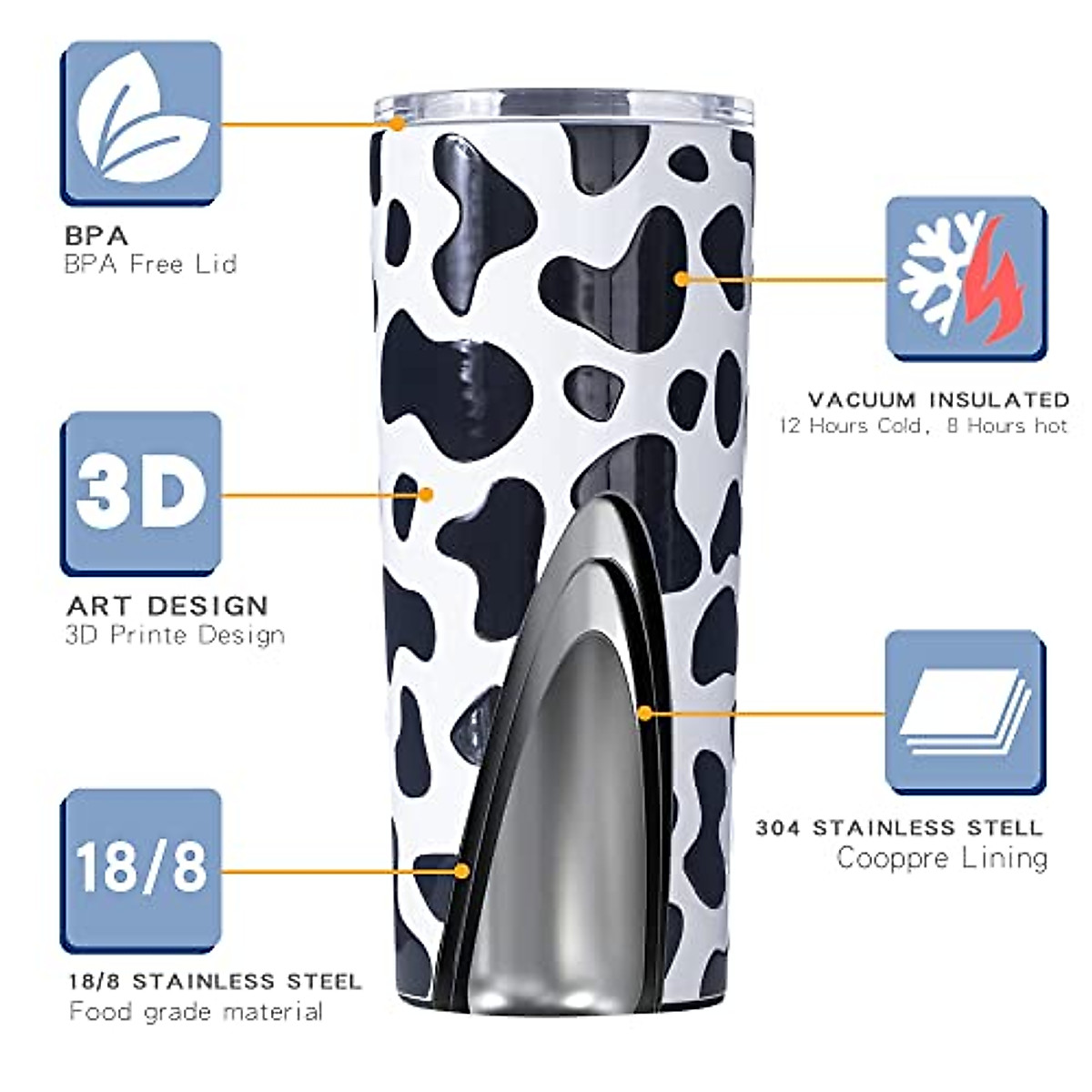 ARCQUESE Cow Print Tumbler Insulated Birthday Gifts for Women Insulated Cups Funny Gifts for Girlfriend Cow Print Mug Mother's Day Gifts for Mom Cow Lovers Black For Daughter