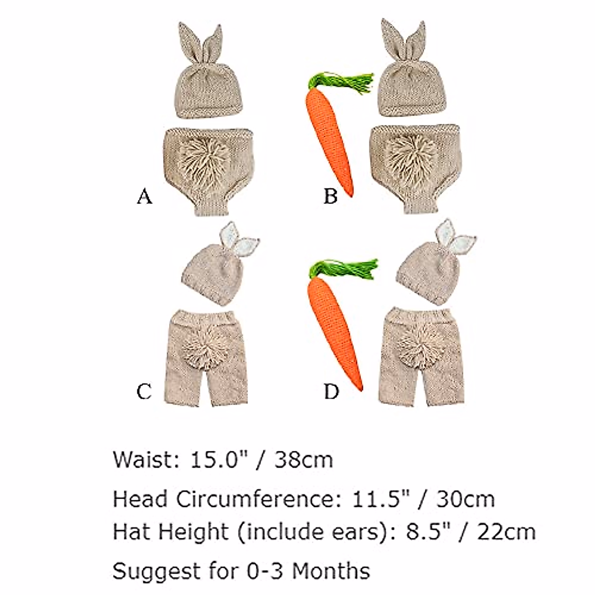 ODASDO Newborn Photography Outfits Baby Boy Girl Easter Bunny Costume Photo Props Handmade Crochet Knit Rabbit Ear Hat Cap Beanie Pom Pom Diaper Cover Pants Carrot 3pcs Set Khaki + Carrot