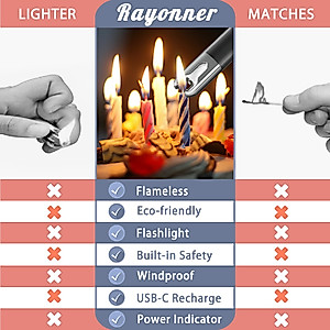 RAYONNER Lighter Electric Candle Lighter Rechargeable USB ARC Lighter (1 Pack - Black)