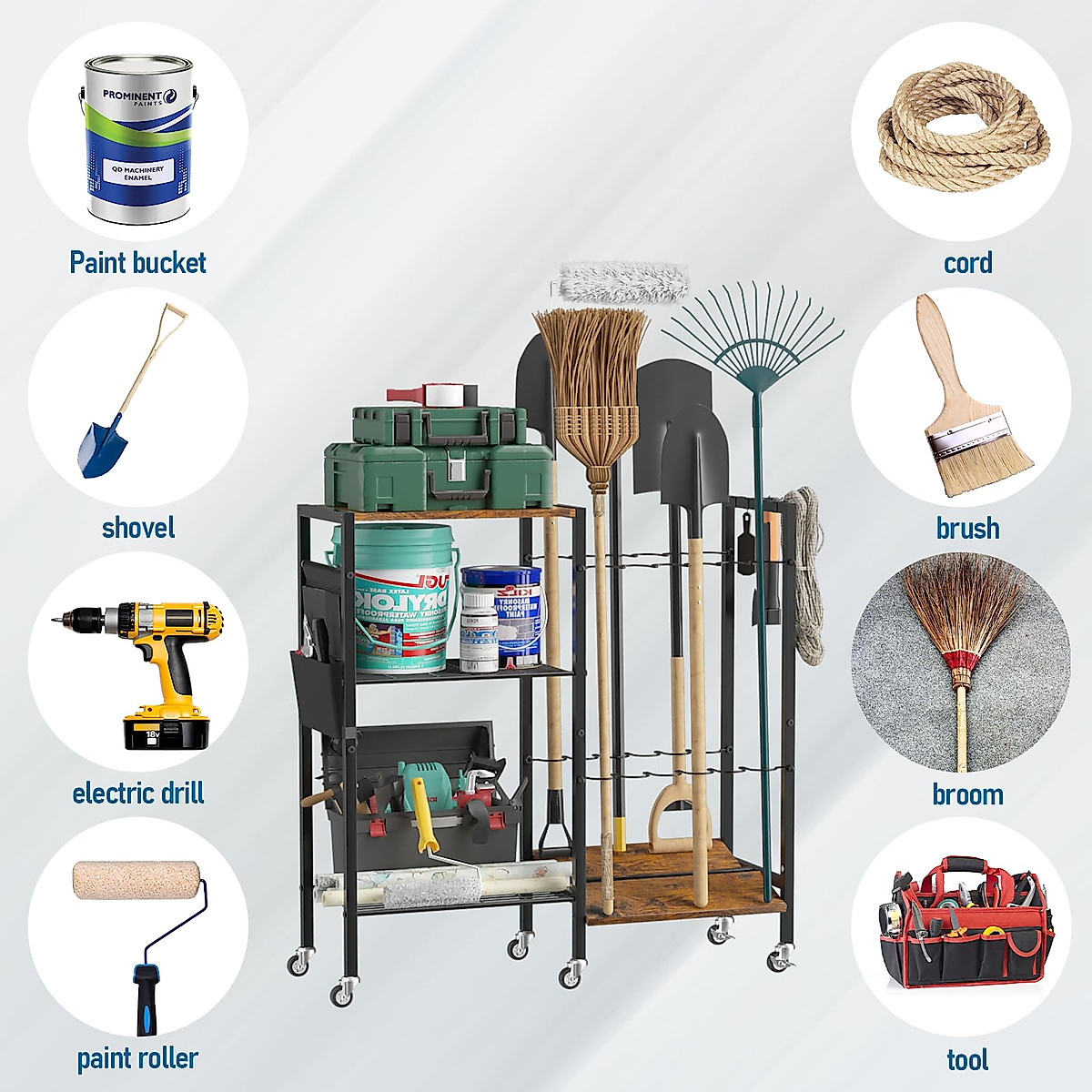 SHINOSKE Garden Tool Organizer with 3-Tier Shelves,Garden Tool Storage Rack with Wheels,Yard Tool Rack for Garage Organization and Storage,Hold Long-Handled Tool,Broom,Rake,3Hooks,Shed,Outdoor