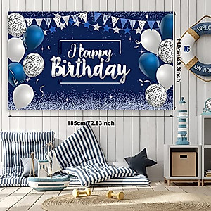 Navy Blue Birthday Confetti Balloons Kit Set 50 Pieces Blue Birthday Photography Backdrop Banner Package for Boys Girls Men Women Birthday Party Decorations Supplies (Navy Blue and Silver)