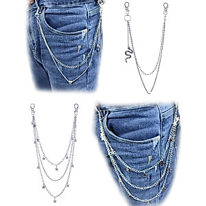 Ofeiyaa 6 Pieces Pants Chains Multi-Layer Butterfly Lock Round Star Snak Heart Jeans Chains Accessory Hip Hop Pocket Punk Goth Wallet Chain Charm Rock Belt Loop Trousers Chain for Women Men Silver